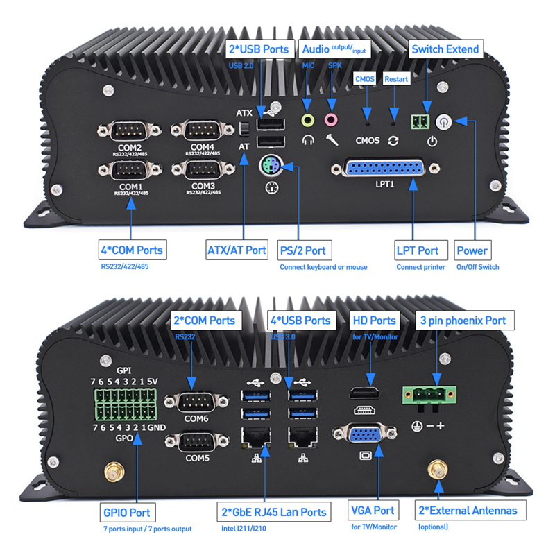Intel Core i5 i7 Rugged Industrial Fanless Mini PC GPIO LPT Factory China